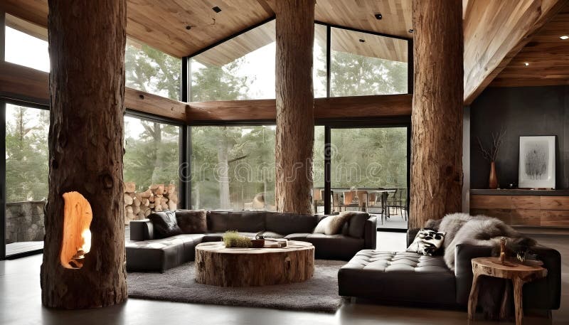 Illustration of a Tree-trunk Columns in a Modern House Stock ...