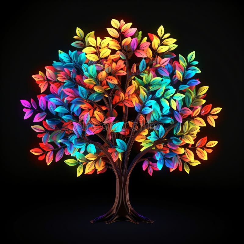Tree Illustration with Multi Coloured Leaves on Black Background Stock ...
