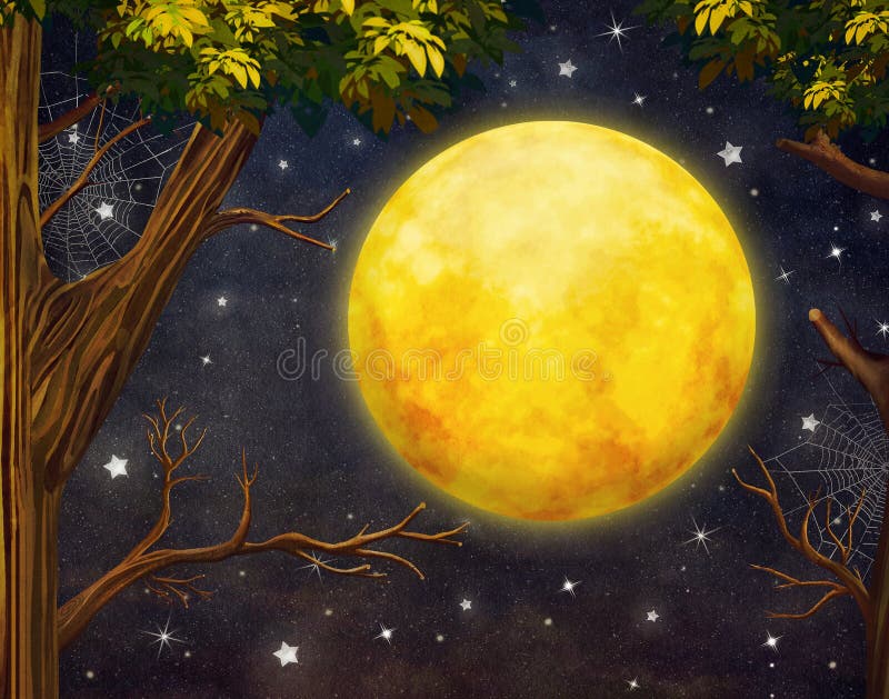 Illustration of Trees and Full Moon with Stars at Night Sky Stock ...