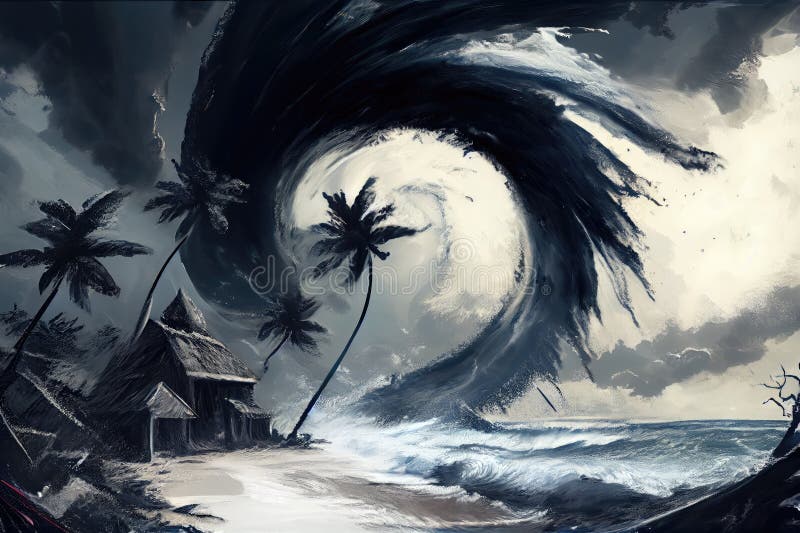 Illustration of Tropical Cyclone, with Blue Sky and Clouds Above and ...