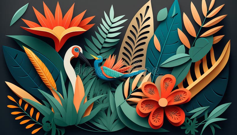 Illustration of Tropical Flowers Theme in Paper Cut. Generative AI ...