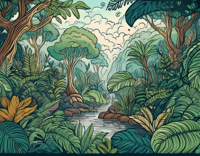 Illustration of a Tropical Rainforest with Various Plants and Trees ...