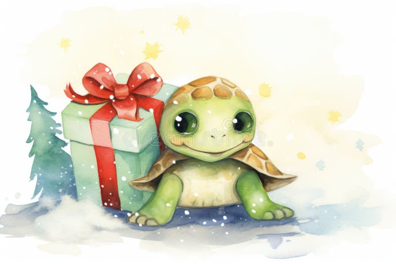 Illustration of Turtle at Christmas with a Gift Box Stock Illustration ...