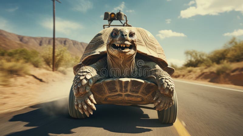 Turtle Driving Car with Snail on Traffic Light, Vector Cartoon ...