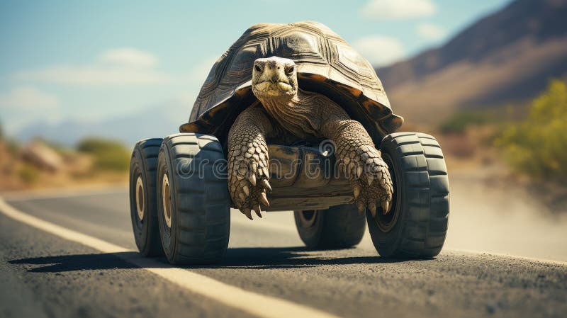 Turtle Driving Car with Snail on Traffic Light, Vector Cartoon ...