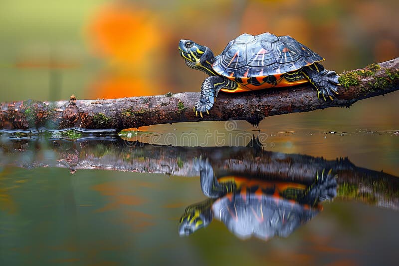 A Turtle is Sitting on a Tree Branch and in the Water Stock ...