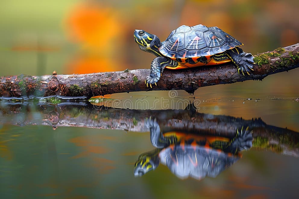 A Turtle is Sitting on a Tree Branch and in the Water Stock ...
