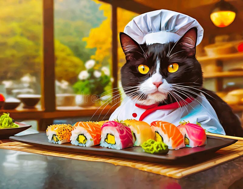 Illustration of a Tuxedo Cat Chef Serving His Sushi Roll on the Table ...