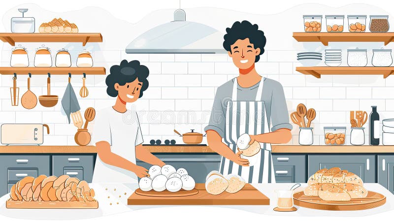 Illustration of Two Bakers in an Animated Kitchen, Preparing and ...