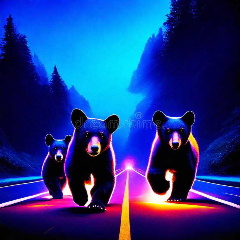 Illustration of Two Bears on the Road in the Forest at Night AI ...