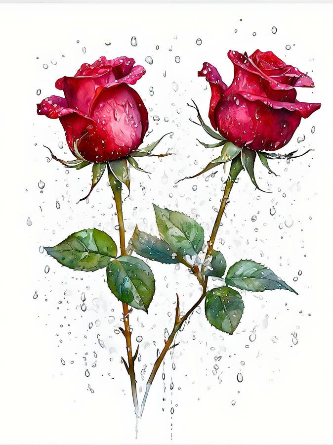 Illustration of Two Beautiful Roses with Raindrops. Watercolour Style ...