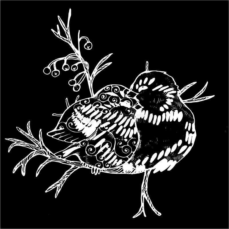 Illustration of Two Birds on a Branch. Black and White Drawing. Chalk ...