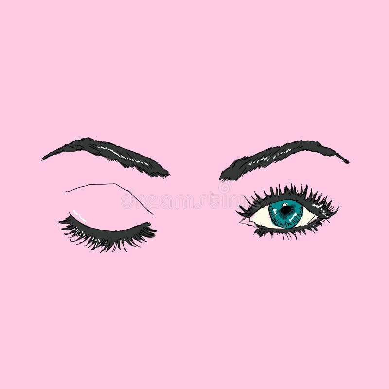 Illustration of Two Blue Eyes with One Eye Winking on a Pink Background ...