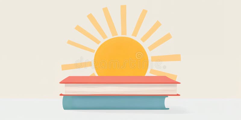 Illustration of Two Books Stacked with a Sun Shining Behind Them on a ...