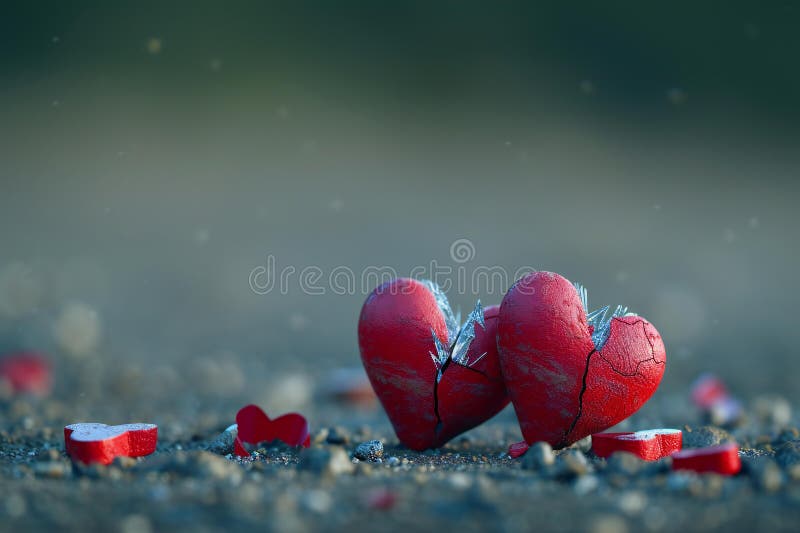 Two Broken Red Hearts on the Ground with Shallow Depth of Field Stock ...