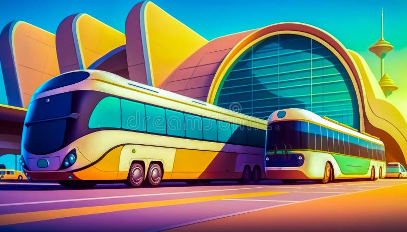 An Illustration of Two Buses in Front of Building. Generative AI Stock ...