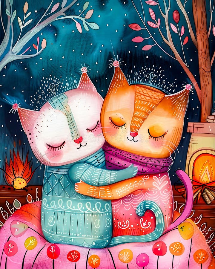 Illustration of Two Cats Hugging in a Cozy Setting Stock Illustration ...