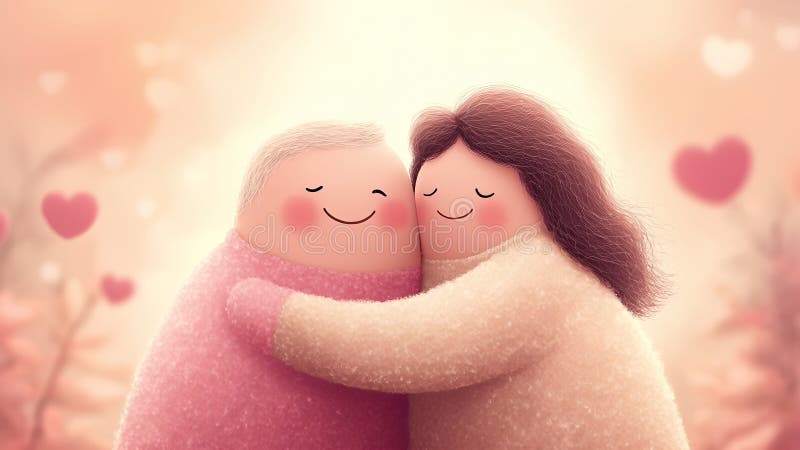Cute Characters Hugging with Hearts - Generative AI Stock Illustration ...