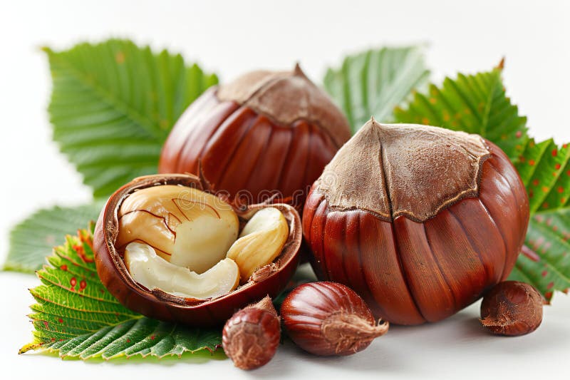 Illustration of Two Chestnuts with Green Leaves, One is Open Showing ...
