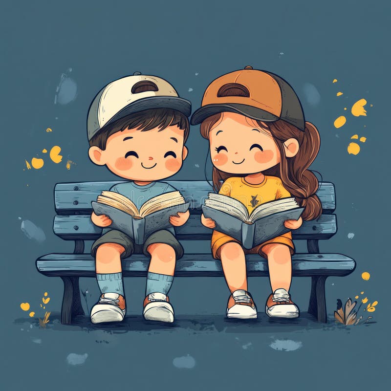 Illustration of Two Children Sitting on a Bench and Reading Stock ...