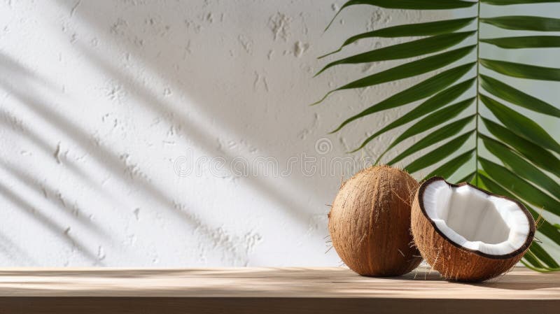 Illustration of Two Coconuts and a Plant on a Wooden Table Stock Image ...