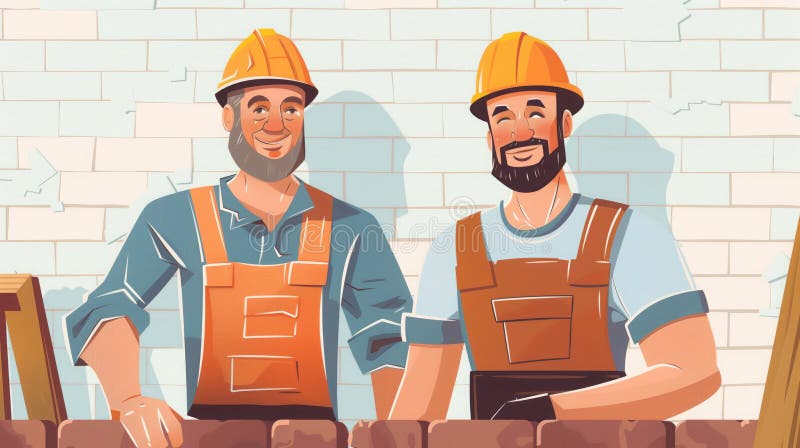 Illustration of Two Construction Workers Smiling in Hard Hats Stock ...