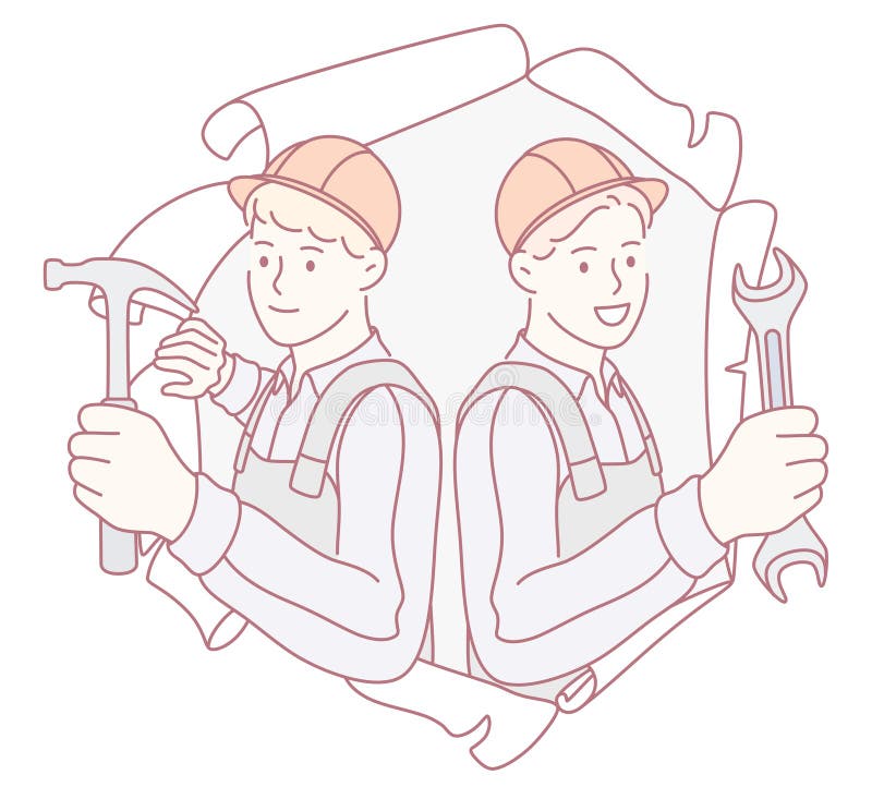 Illustration of Two Construction Workers with Tools, Showcasing ...