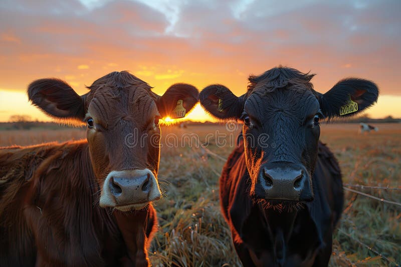 Two Cows in the Field Together at Sunset on a Beautiful Day Stock ...
