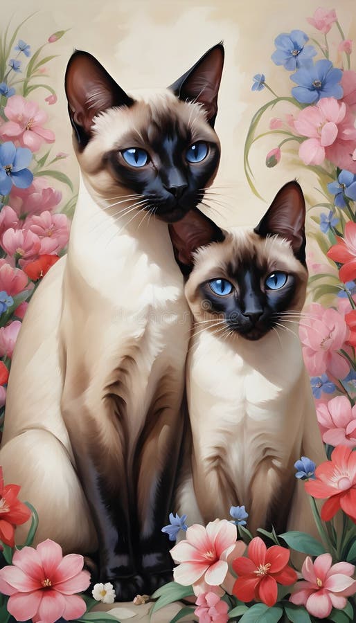 Two Siamese Cats and Flowers Stock Illustration - Illustration of ...