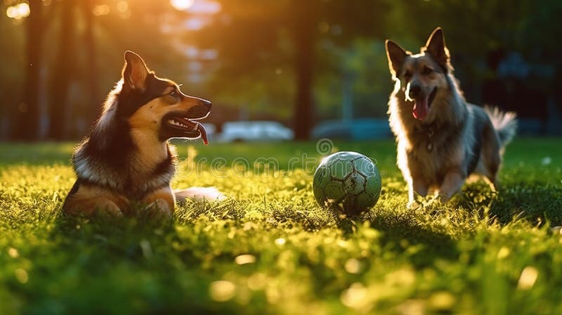 Illustration of Two Dogs Plaing with Ball on Green Grass Outdoors Stock ...