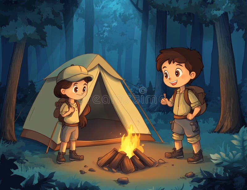 Illustration of Two Explorers Camping in a Forest Stock Illustration ...