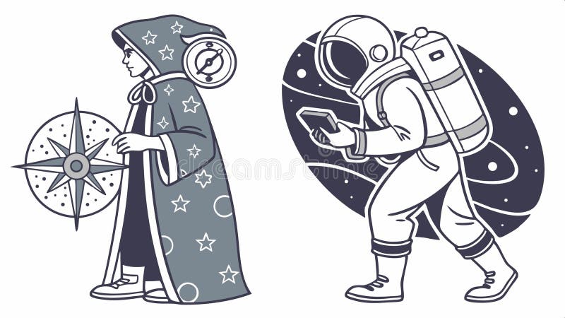 Illustration of Two Figures Explorer with Compass and Astronaut ...