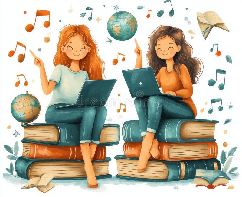 Illustration of Two Girls Sitting on Stacks of Books with Laptops Stock ...