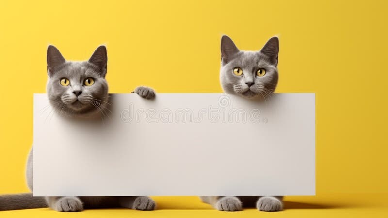 Illustration of Two Gray Cats Holding a White Sign on a Yellow ...