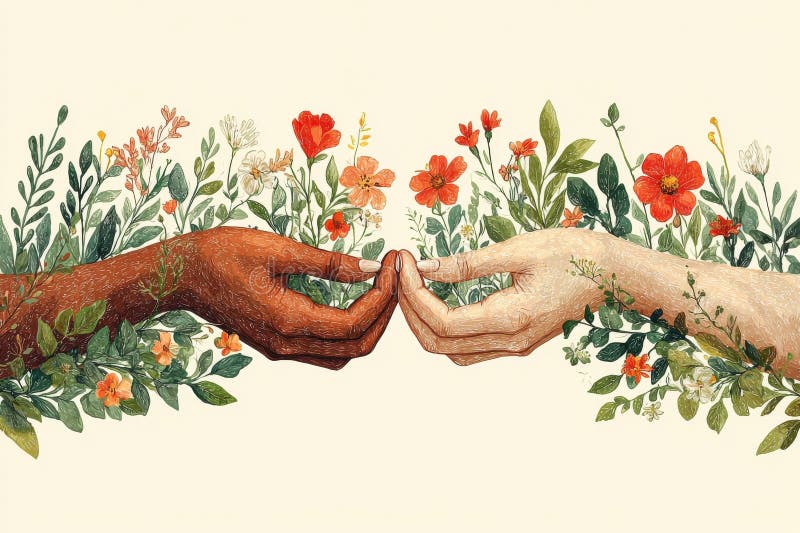 Illustration of Two Hands Connecting Surrounded by Lush Colorful ...