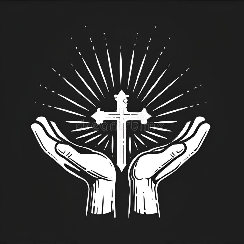 Illustration of Two Hands Cradle a Cross with Rays, Set Against a Dark ...