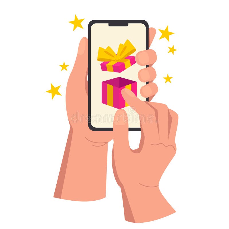 Illustration of Two Hands Holding a Phone with a Gift Box. Promotion ...