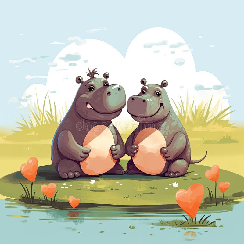 Illustration of Two Hippos in Love Looking at Each Other Stock ...