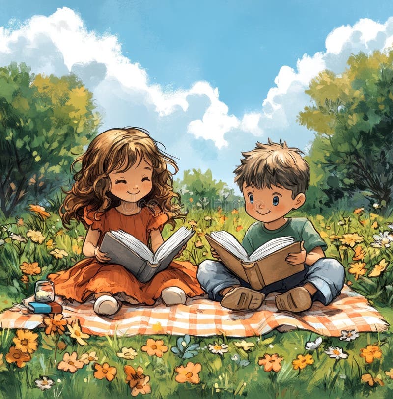 Illustration of Two Kids Reading Books in a Field of Flowers Stock ...