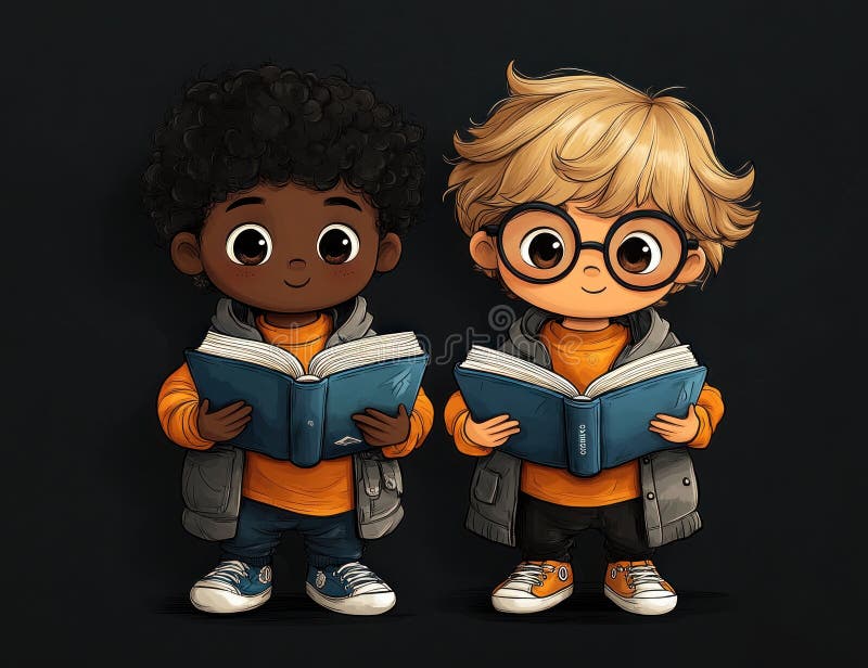 Illustration of Two Kids Reading Books Together Stock Illustration ...