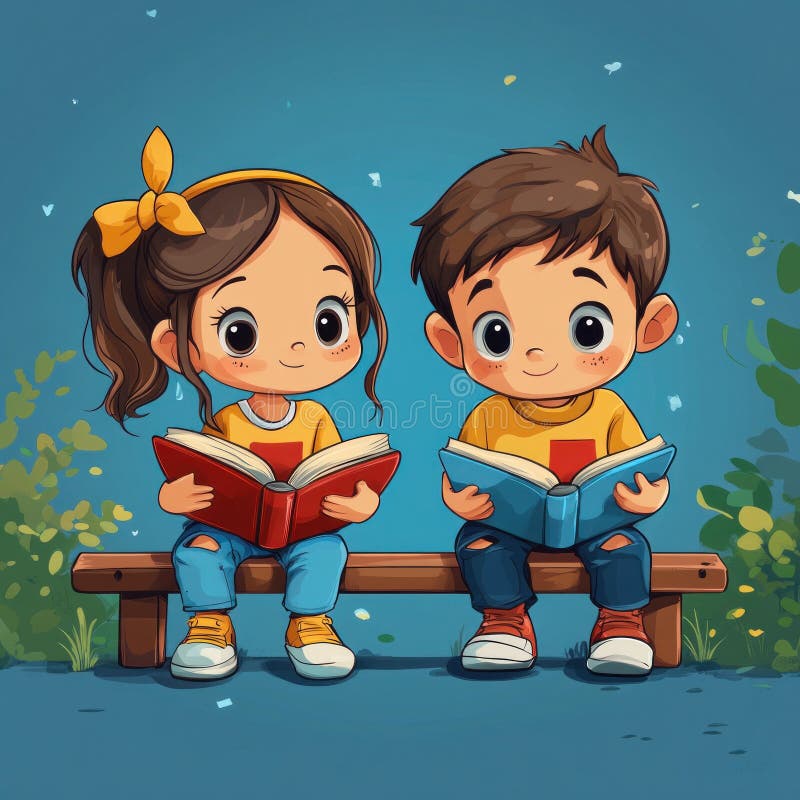 Kids Reading Books on a Bench in a Garden Illustration Stock ...