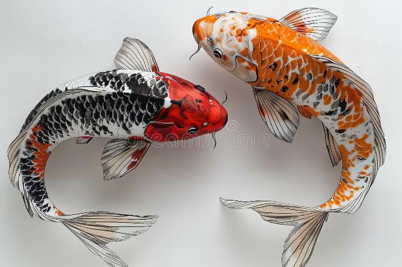 Two Koi Fish, One Red and Black Colored with White Patterns on Its Body ...