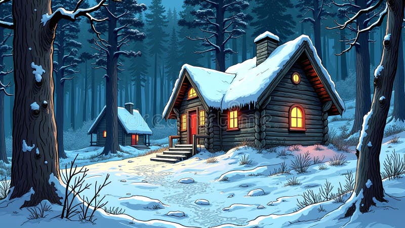 Two Log Cabins in Snowy Forest Stock Illustration - Illustration of ...