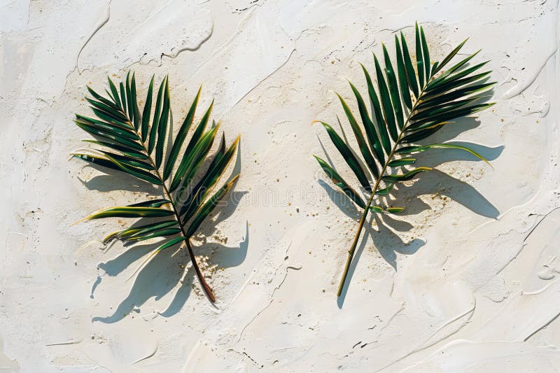 Two Palm Leaves with Shadow on a White Sand, High Quality, High ...