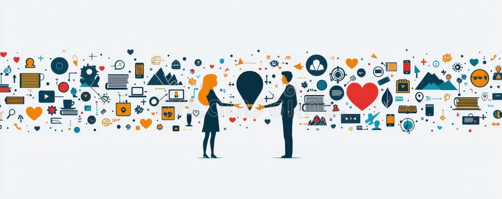 Illustration of Two People Collaborating with Creative Icon Elements ...