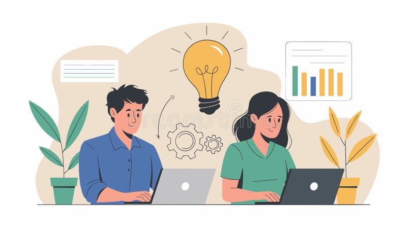 Creative Collaboration: Two People Working on Laptops with Business ...