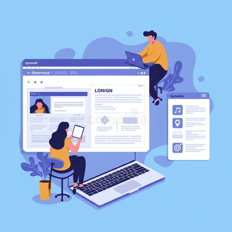 Illustration of Two People Interacting with Oversized Digital ...