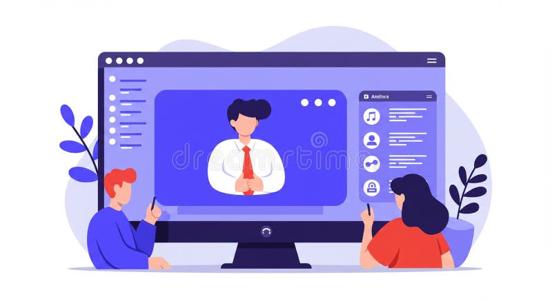 Illustration of Two People, a Man and a Woman, Seated before a Large ...