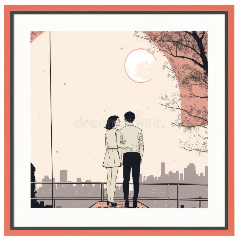 An Illustration of Two People Standing on a Bridge Looking at the Moon ...