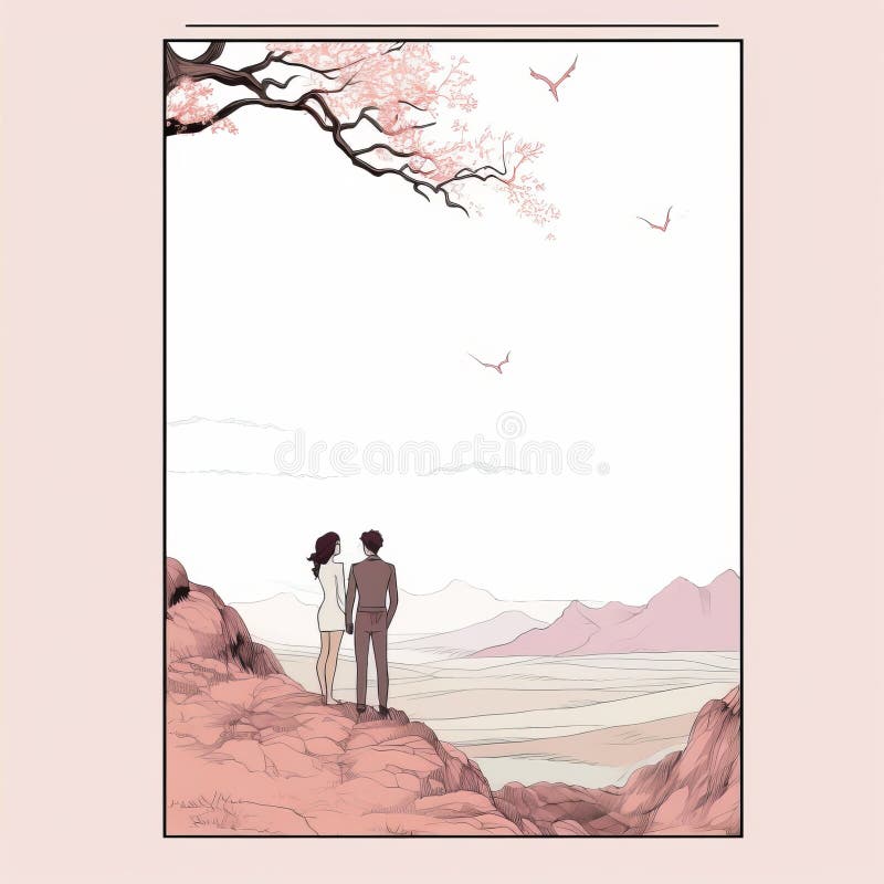 An Illustration of Two People Standing Under a Pink Tree Stock ...